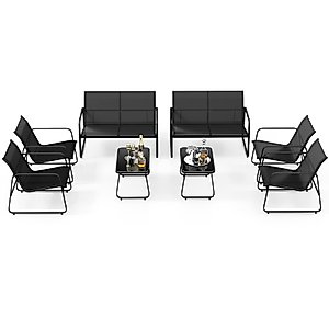 Tangkula 8 Pieces Patio Furniture Set, Outdoor Conversation Set with Tempered Glass Coffee Table, Outdoor Garden Porch Furniture Set with Breathable Fabric and Rustproof Metal Frame (2, Black)