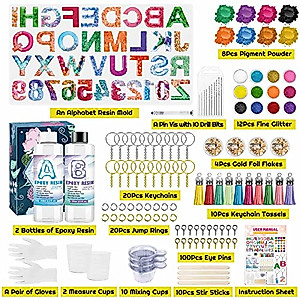 Thrilez Alphabet Resin Molds Kit with Alphabet Silicone Molds, Epoxy Resin, Mica Powder, Glitter, Foil Flakes, Tassels, Keychains, Jump Rings and Pin Vis for Resin Keychain Making
