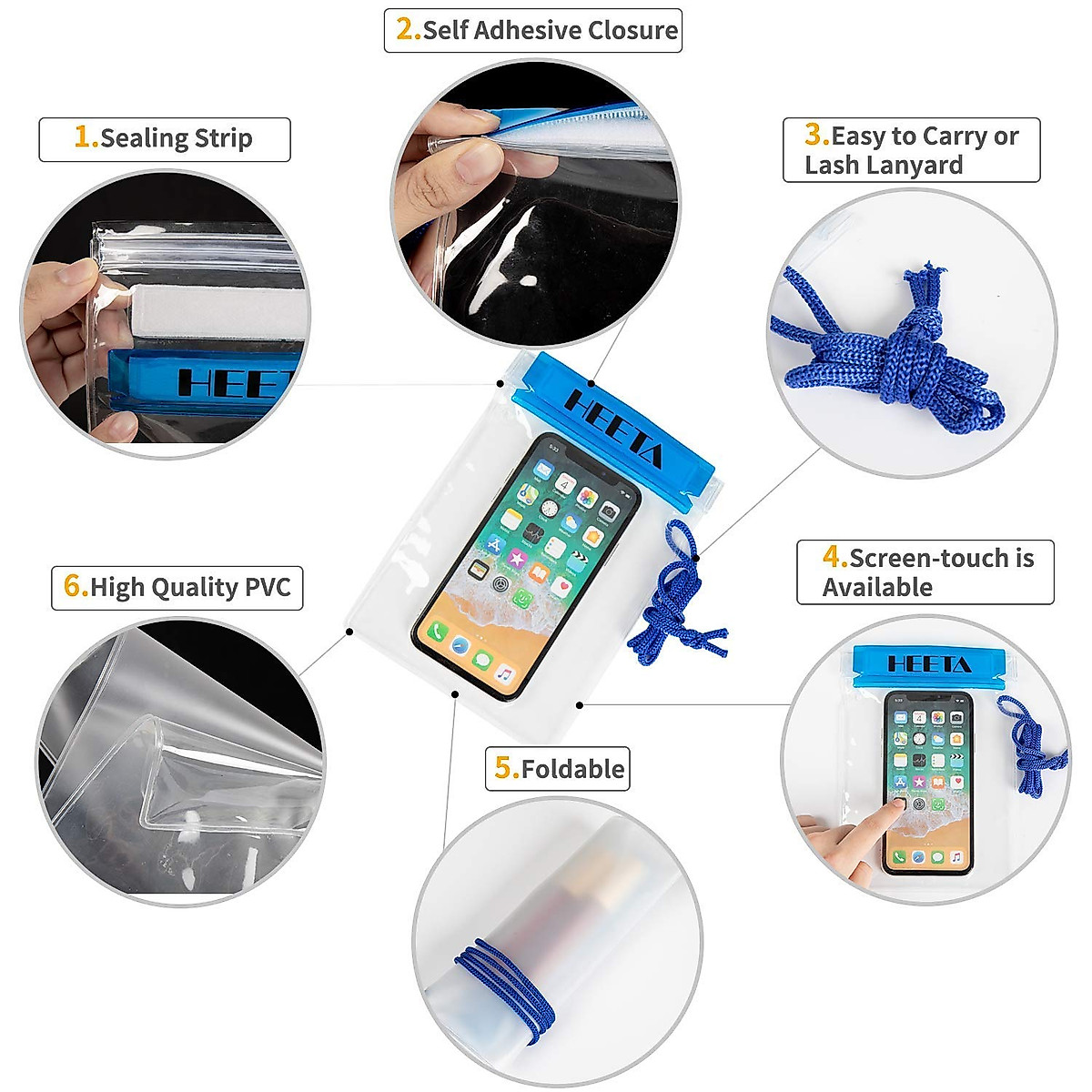 HEETA Waterproof Pouch, Screen Touch Sensitive Waterproof Bag Black & Gray L Bundle with 5-Pack Clear Waterproof Dry Bag