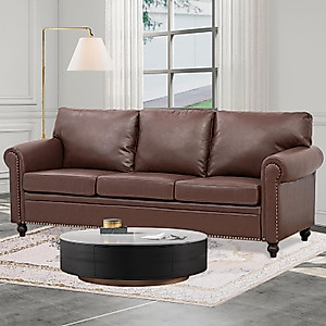 INOTEVERITORY Brown Leather Couch，Comfy Classic 3 Seater Living Room Sofa，Mid-Century Modern Sofa with Detachable Cushions 84" for Living Rooms, Bedrooms, Offices,Apartments Tool-Free Assembly