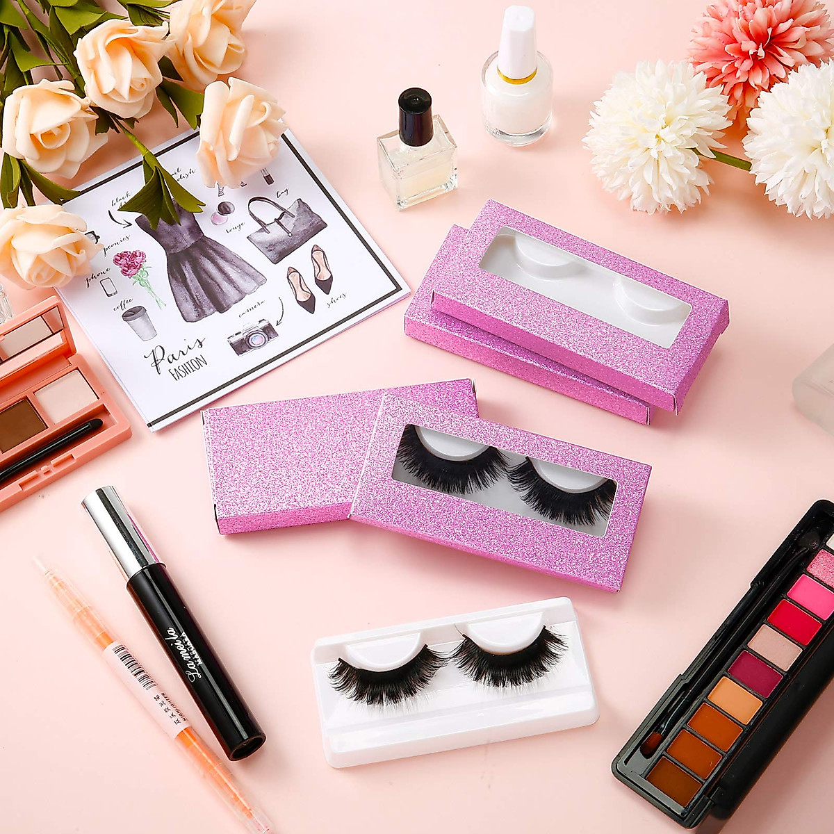 100-Piece Eyelash Case Set, 50 Glitter Paper Lash Boxes, Pink Storage Tray