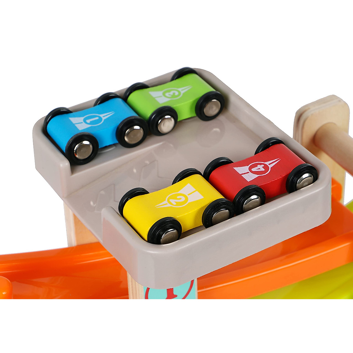 Wooden Car Ramp Race Track Toy - Toddler Car Playset - Replacement Cars 4 Pack - Matching Click Clack Track Vehicles Toddlers -Racing First Sport Cars for 18 Months -Stocking Fillers Stuffers Kids