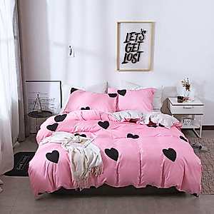 Erosebridal Girls Pink Comforter Cover Queen Black Love Pattern Girly Bedding Set for Kids Child Teens Cartoon Lightweight Grey Reversible Duvet Cover Soft Microfiber Bedclothes Fashion Room Decor