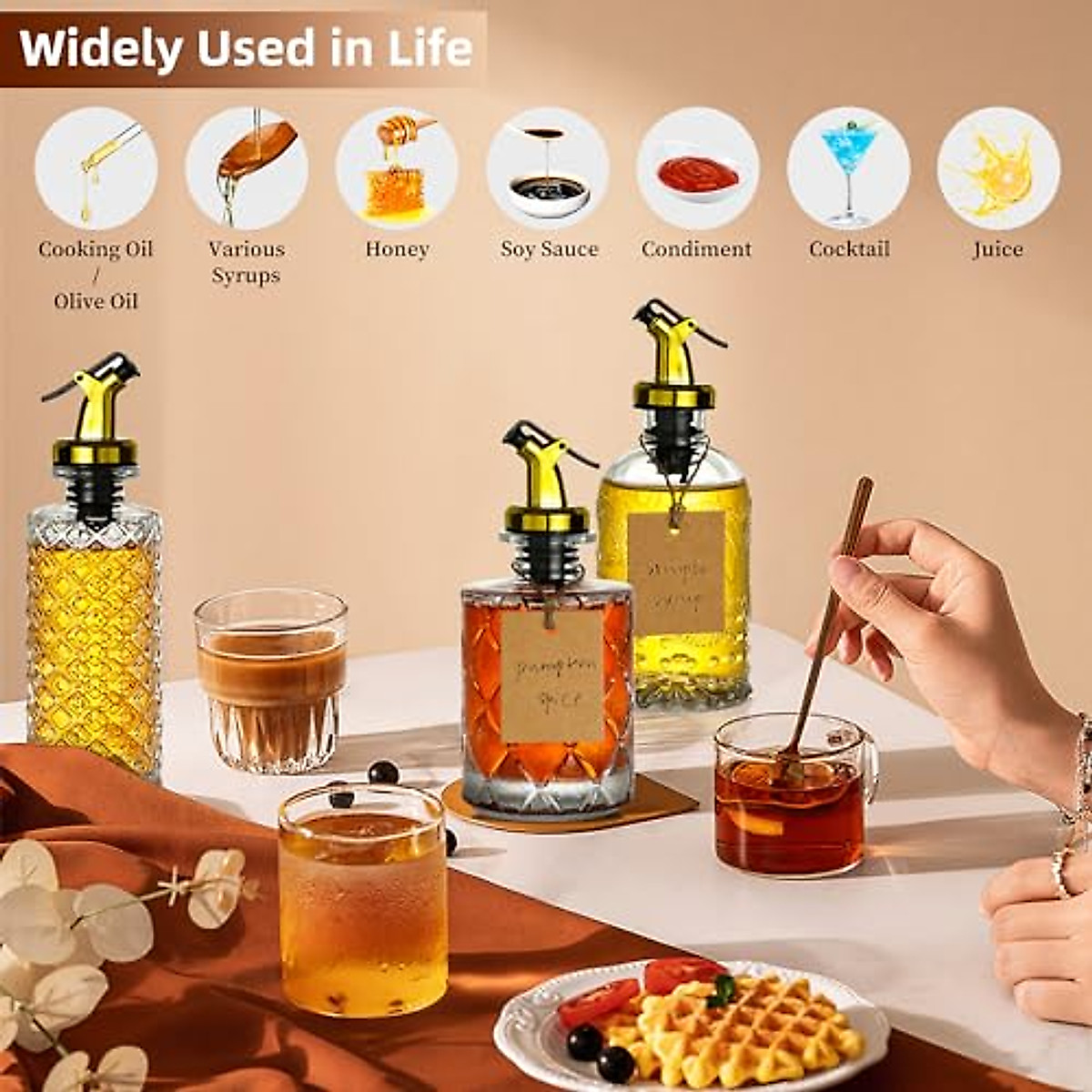 KAMJUNTAR Coffee Syrup Dispenser Set of 10, Glass Syrup Dispenser for Coffee Bar 7oz Simple Syrup Bottles Small Syrup Bottles for Coffee Bar and Home Use, Vintage Glass Bottles