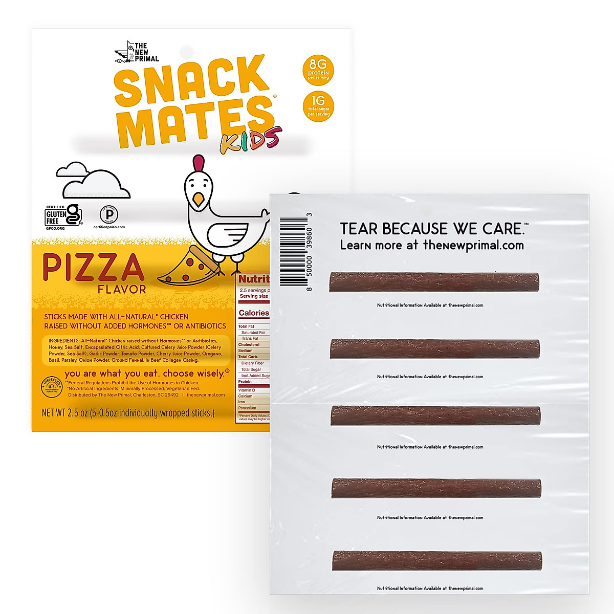 The New Primal Snack Mates Pizza Chicken Sticks, Gluten Free Healthy Snacks for Kids, Low Sugar High Protein Kids Snack for School, Mini Paleo Jerky Meat Stick, 8g Protein, 50 Calories, 10 Pack
