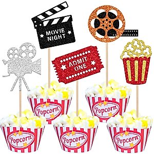 30 PCS Movie Cupcake Toppers Glitter Movie Night Roll Camera Popcorn Cupcake Picks for Hollywood Theme Baby Shower Kids Birthday Party Cake Decorations Supplies
