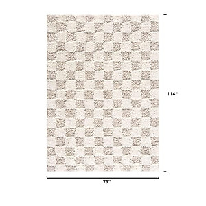 BoutiqueRugs Atira Modern Checkered Shag Area Rug - High Pile Fluffy Shag Rug for Kids Room, Nursery, Living Room, Bedroom, Dining Room - Beige, Cream, White - 6'7" X 9'6" (6x9 Area Rug)