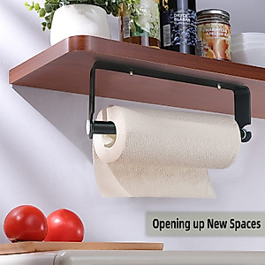 Paper Towel Holder Under Cabinet - Matte Black Paper Holder for Kitchen Easy Installation No Drilling Aluminium Wall Mount Paper Towel Holder for Pantry Sink Bathroom with 3 Adhesive Hooks, Easy Tear