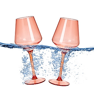 Floating Wine Glasses for Pool | 2 Set | Shatterproof Tritan Acrylic Glass Drinkware, Unbreakable - Colored European Design BPA-free plastic, Reusable, All Purpose Glassware, Hand Wash 15oz (Orange)