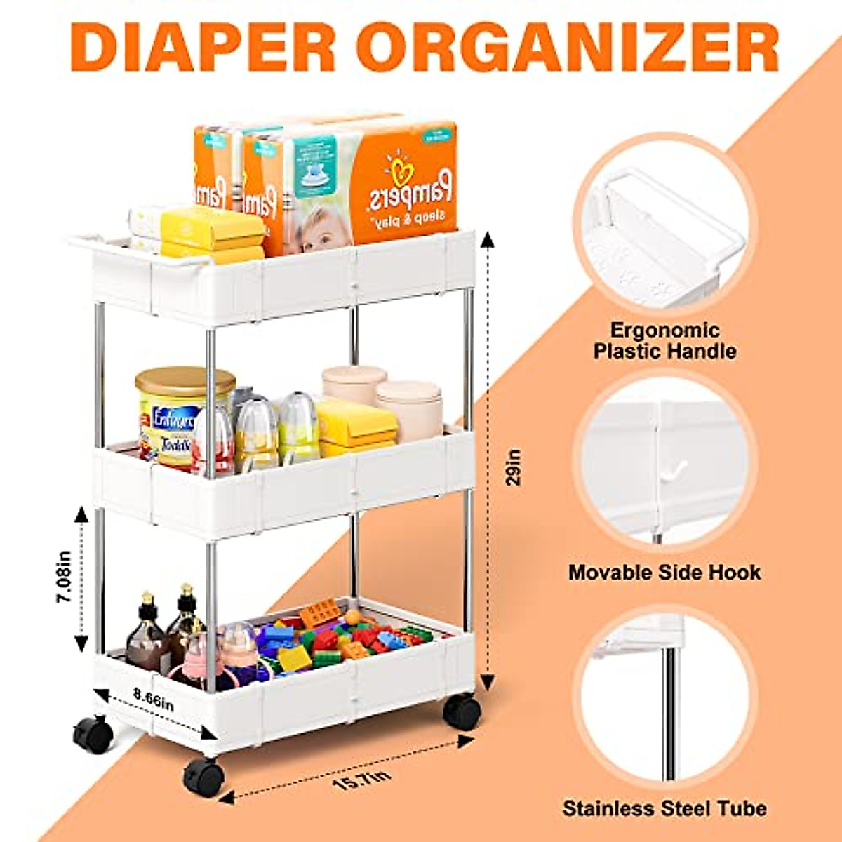 Volnamal Baby Diaper Caddy, Plastic Baby Diaper Holder Organizer – Baby Diaper Organizer for Nursery Diaper Cart for Diapers, Bottles, Toys & Baby Wipes
