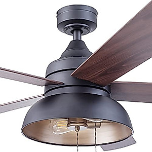 Prominence Home Brightondale, 52 Inch Industrial Style Indoor Outdoor LED Ceiling Fan with Light, Pull Chain, Dual Mounting Options, 5 Dual Finish Blades, Reversible Motor - 51659-01 (Matte Black)