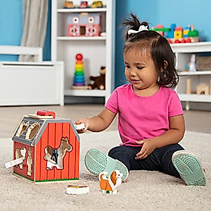 Melissa & Doug Wooden Take-Along Sorting Barn Toy with Flip-Up Roof and Handle, 10 Wooden Farm Play Pieces - Farm Toys, Shape Sorting And Stacking Learning Toys For Toddlers And Kids Ages 2+