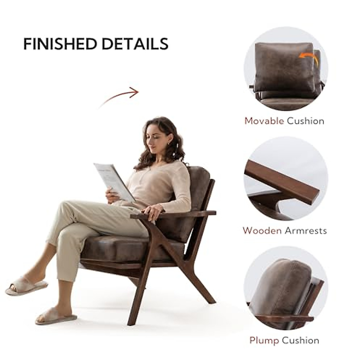 Bonzy Home Accent Chairs for Living Room,PU Leather Mid Century Modern Wood Reading Armchair with Removable Upholstered Cushions