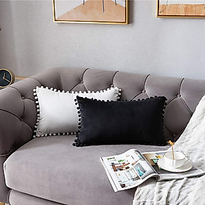 DEZENE Decorative Pillow Covers 12x20 Black: 2 Pack Cozy Soft Pom-poms Velvet Rectangular Throw Pillow Cases for Farmhouse Home Decor