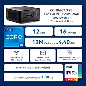 Intel NUC Mini PC 12th Gen Core i5-1240P 32GB DDR4 RAM, 512GB M.2 SSD, Pre-in Windows 11 Pro Gaming Desktop Computer, HIDM 2.0, USB 3.2, WiFi 6, Thunderbolt 4, black, Intel NUC 12 Pro 1240P