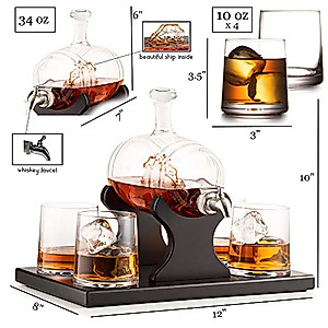 Whiskey Decanter Barrel Gift Set - Liquor Dispenser Whiskey Gifts for Men - Ship in a Bottle Whiskey Decanter Set - 4 Whiskey Glasses for Men - 1000ml Whiskey Barrel Bourbon Gifts for Men - Bezrat