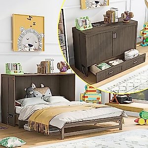 DHHU Murphy Bed Queen Size Cabinet Bed with Built-in Charging Station, Wooden Multipurpose Cabinet Bedframe w/Large Storage Drawer, Save Space Design, No Spring Required Needed