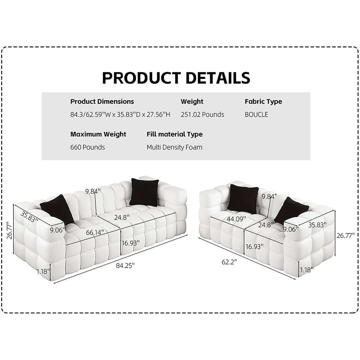 Olodumare 2 Pcs Sectional Sofa 2+3 Cloud Couch with Extra Deep Seats,5 Seater Sofa,Modern Boucle Couch with 4 Pillows Decor Furniture,Marshmallow Tufted Couch for Living Room.Loveseat+Sofa,Black