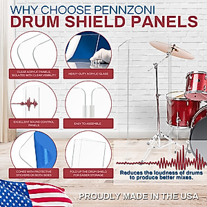 PENNZONI Drum Shield 5ft w/Living Hinges, Comes w/ 7 Drum Panels & Living Hinges, Premium Clear Acrylic Panels, Drum Screen