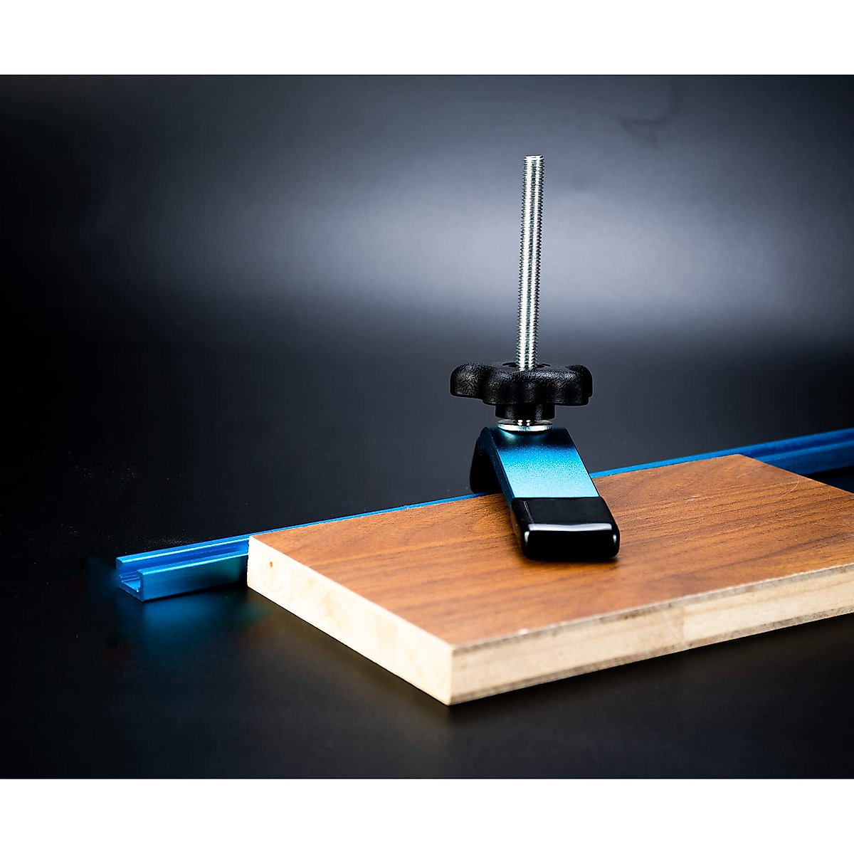 for Woodworking T-Track Clamps: ZokMok 4pcs Hold Down Clamps for Woodworking, 5 inches Length T Rail Track Slot Bolts Washeres and 5-star Nuts (T TRACK CLAMPS, Light Blue)