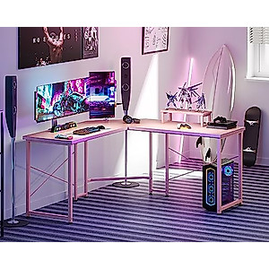ODK L Shaped Gaming Desk, 51 Inch Computer Desk with Monitor Stand, PC Gaming Desk, Corner Desk Table for Home Office Sturdy Writing Workstation, Carbon Fiber Surface, Pink…