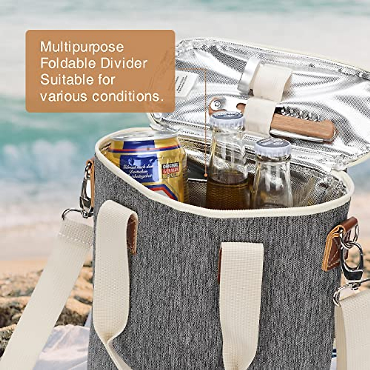 Insulated Waxed Canvas Padded Wine Cooler Bag - Portable Tote Carrier with Corkscrew Opener for Travel, Party, Beach, Wedding for Wine Lovers (Grey)