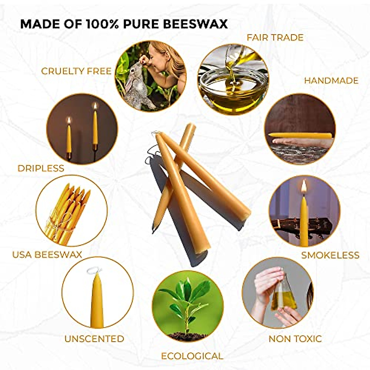 BeeTheLight Beeswax Taper Candles (Pack of 12) - Dipped Style Smokeless Unscented Candles - 12 Hours Burn Time Each - All Natural 100% Pure Beeswax Candle - Handmade Decorative Taper Candle Set
