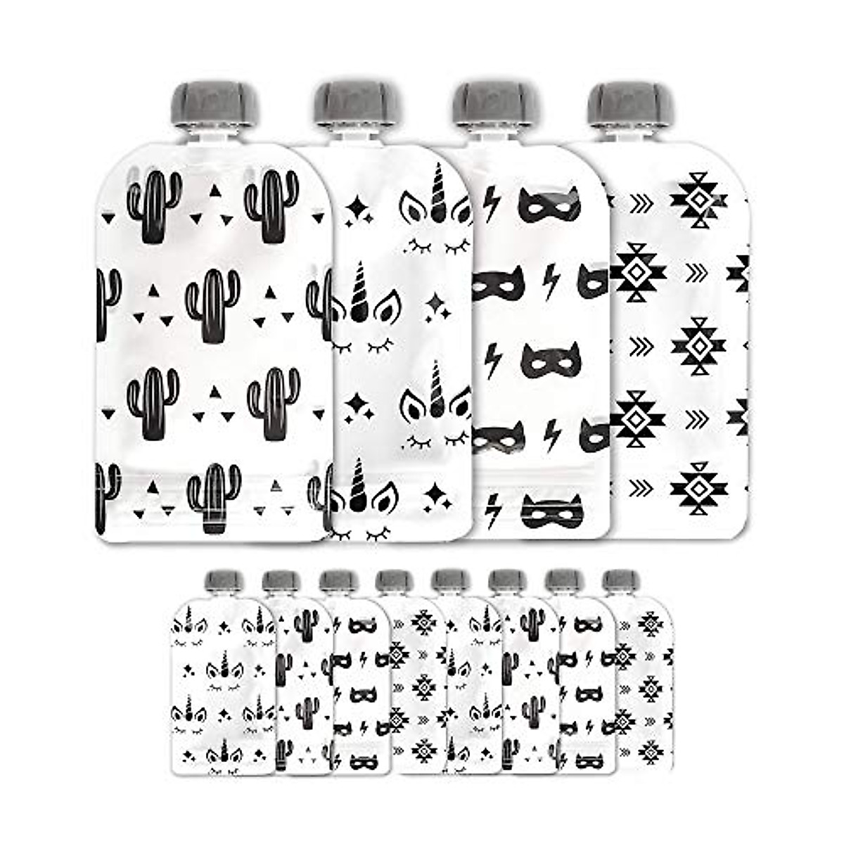 Hippypotamus Reusable Baby Food Pouches - 12 Pack - Baby Food Storage - Pouches Toddler - Refillable Squeeze Pouch for Kids (BLACK/WHITE)