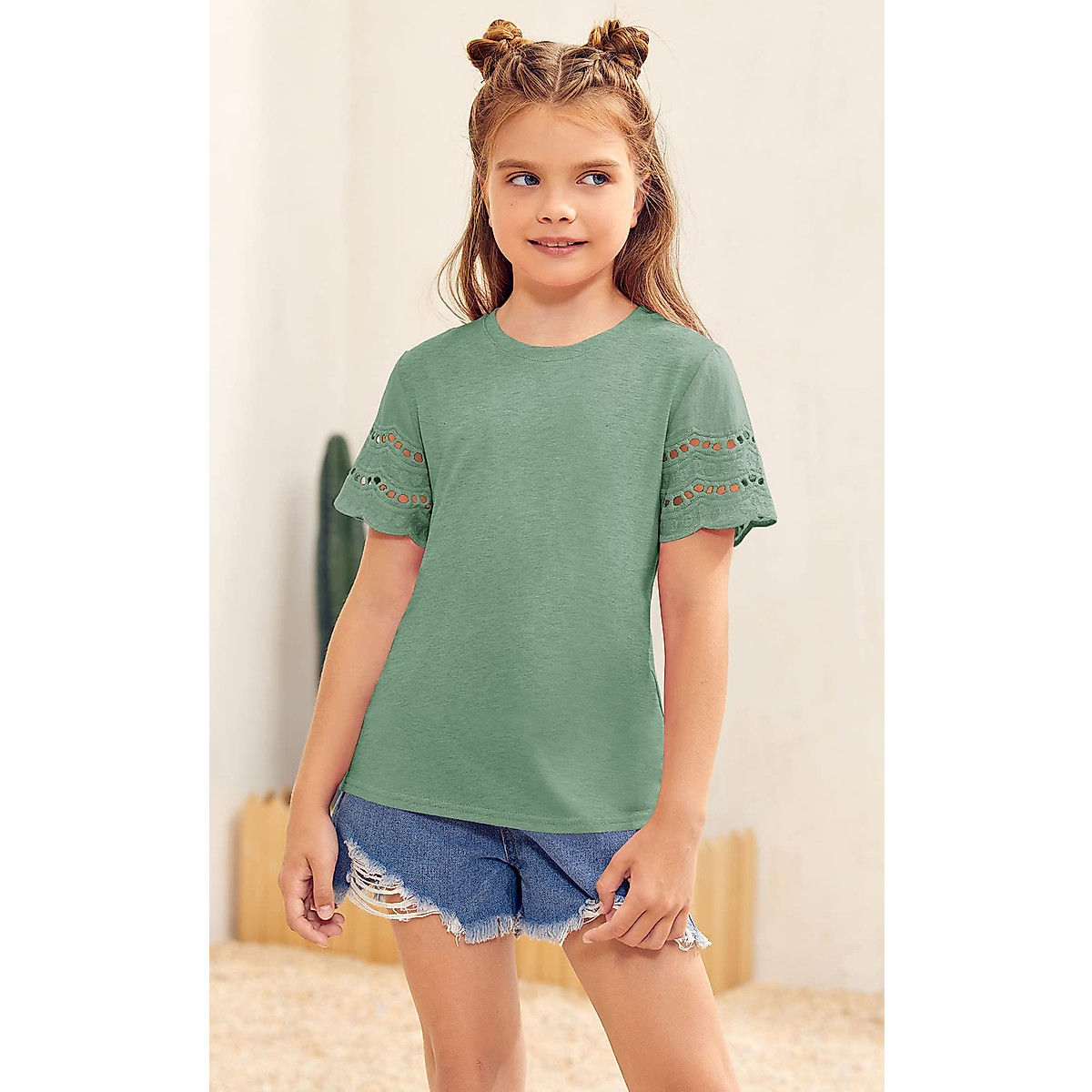 Geckatte Kids Girls' T-Shirts Short Sleeve Crewneck Cutout Summer Casual Solid Basic Tee Shirts Tops 5-14 Years Light Green