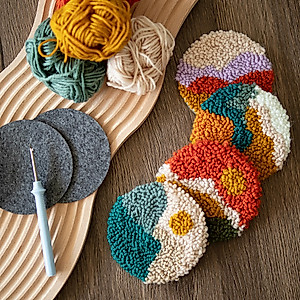 Temlum Punch Needle Coasters Kit, Punch Needle Embroidery Kit for Beginners and Adults Including Patterns, Tools, Yarns, Hoop, Instruction, Coaster Holder Coaster Art Craft Supplies (Landscape)