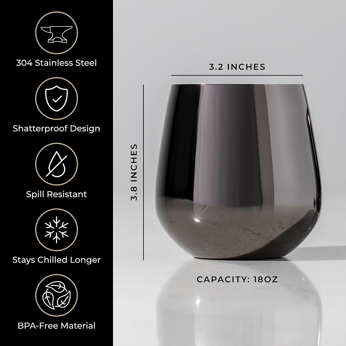 Wills and Elm Black Wine Glasses - Stemless Stainless Steel Wine Glasses Set of 4 with Aerator - Metal Wine Glass - Stainless Steel Wine Glass - Unbreakable Wine Glasses - Outdoor Wine Glasses - 18oz
