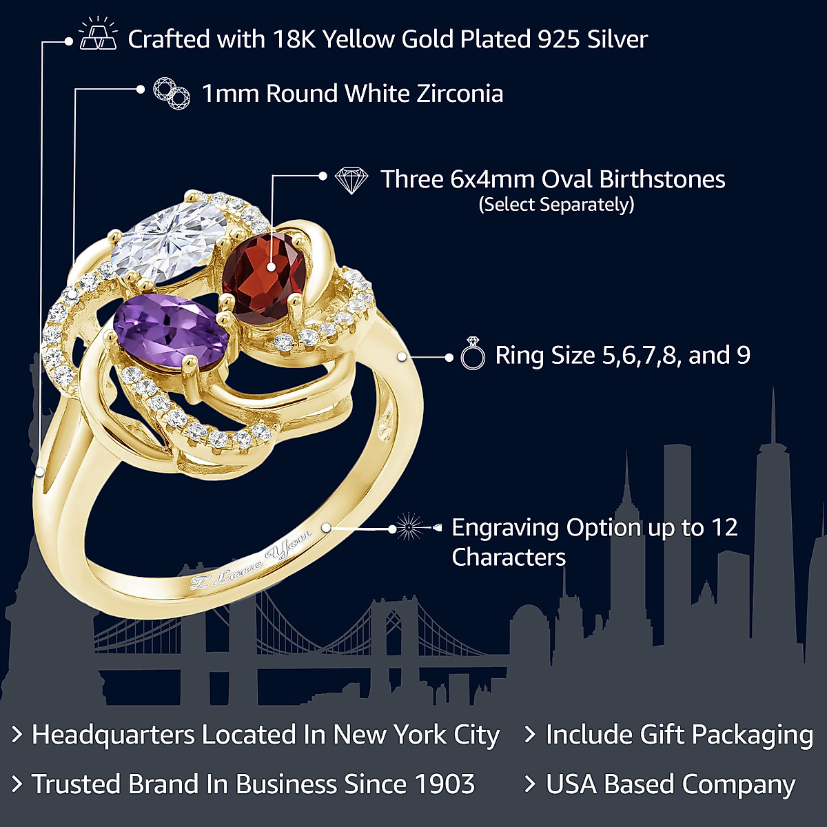 Gem Stone King 18K Yellow Gold Plated Silver Promise Customized and Personalized 3 Gemstone Birthstone For Her Engagement Flower Blossom Name Engraved Ring For Women (Size 5)