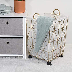 Mainstays Square Symmetrical Metal Hamper in Gold Features Carry Handles, Removable Liner & Wheels