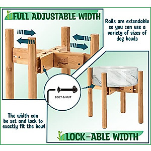 Dog Bowl Stand for Large Dogs - Height 14-inch, Adjustable, Lockable Width 8-11inches Wide - Food and Water Feeder Holder - Bamboo