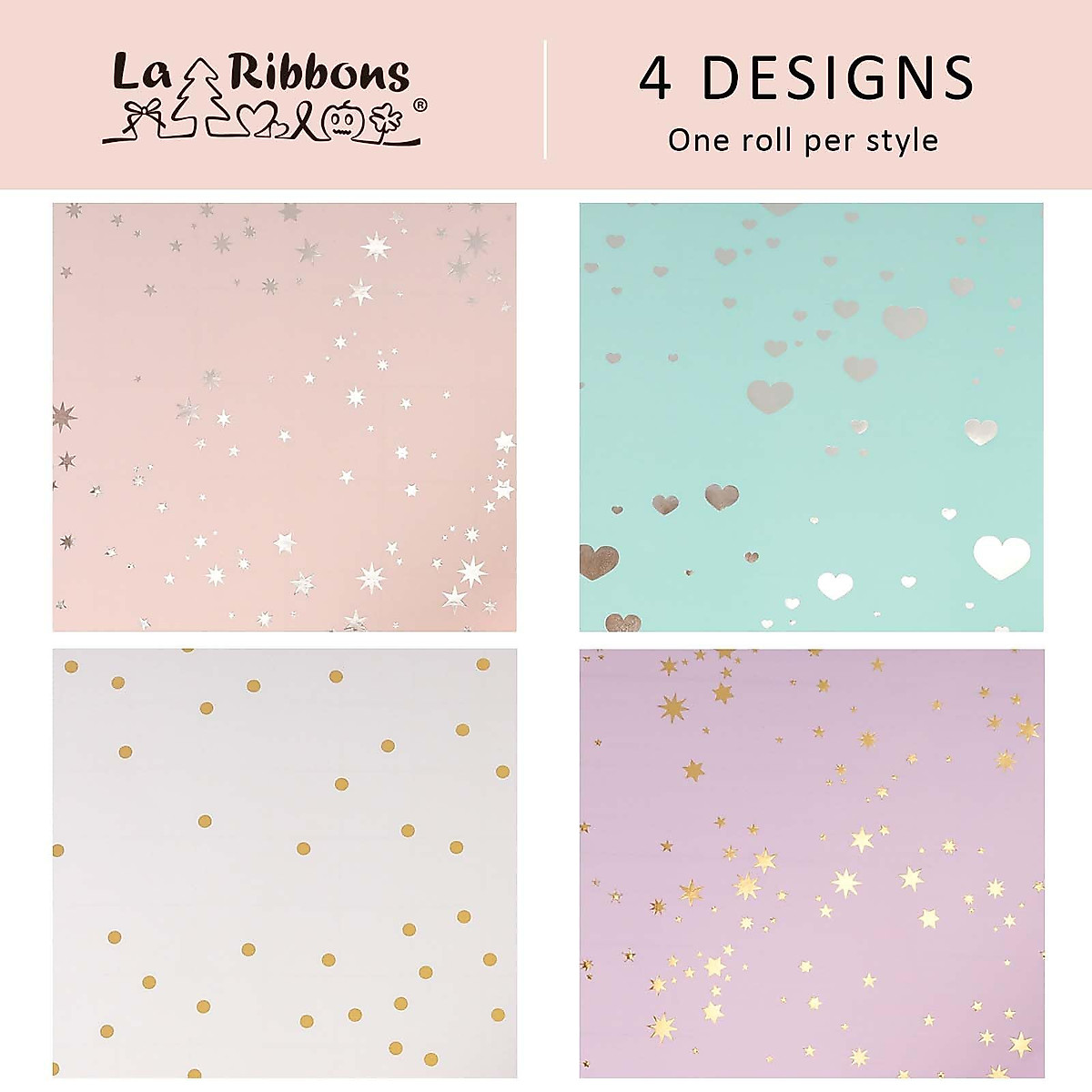 LaRibbons Wrapping Paper Roll - Hearts/Polka Dots/Stars (2 Kinds) Design for Birthday, Mother Day, Valentine's Day, Wedding, Baby Shower - 4 Rolls - 30 inch X 120 inch Per Roll