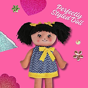 LOVE & HUG 17" African American Black Doll | Stuffed Soft Plush Doll with Blue Dress and Soft Yarn Hair for Kids and Toddlers to Love and Hug | Gift for Birthday, Christmas