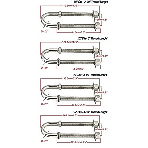 YaeMarine 2-Pack 1/2" Stainless Steel Marine Boat Stern Bow Eye Tie Down U Bolt, Thread Length 2-1/2" Total Length: 4" (Dia. 1/2" x 4" Total Length)