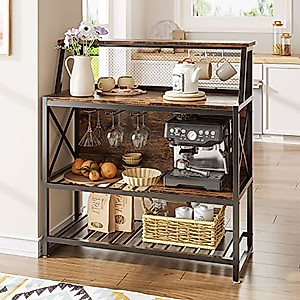 Bestier Bar Table with Storage Coffee Bar Cabinets for Liquor and Glasses, Wine Rack Freestanding Floor with Glass Holder for Home Kitchen Dining Room Basement,Rustic Brown