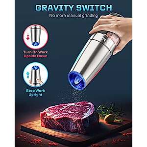 Gravity Electric Salt and Pepper Grinder Set, Automatic Pepper and Salt Mill Grinder,Battery-Operated with Adjustable Coarseness, Premium Stainless Steel with LED Light, One Hand Operated