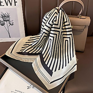 JERLA 100% Pure Mulberry Silk Square Scarf for Hair-26''x26'' Women Men Natural Silk Neckerchief Headscarf (Cream white and black geometry stripe)