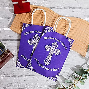 15 Pieces Welcome Gift Bags with Handles Purple Welcome to Our Church Gift Bags Religious Church Bag Baptism Gift Bag Bulk for Birthday Church Theme Party Supplies, 5.9 x 3.1 x 8.3 Inch