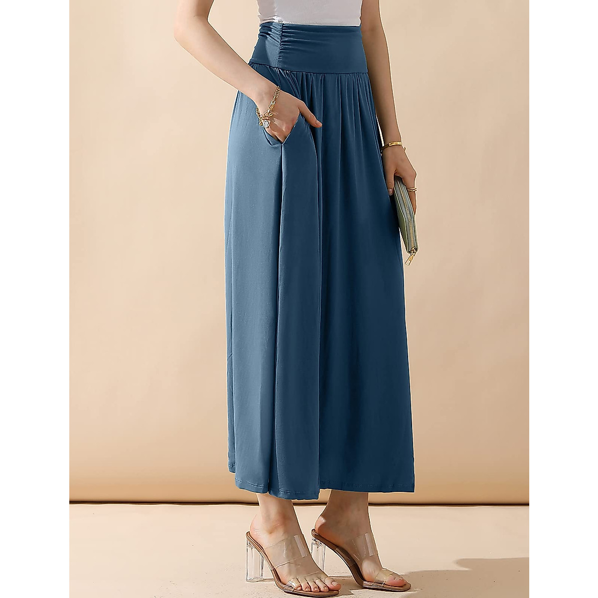 DOUBLJU Casual High Waisted Maxi Skirts with Pocket Elastic Wide Waist Band Flare Long Basic Skirts for Women Trendy Summer