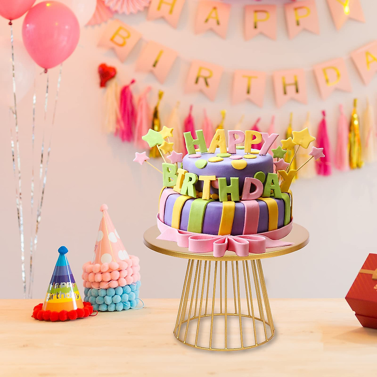 Sunormi Maygone 2pcs Modern Metal Gold Cake Stands Plate Set with Geometric Base Cupcake Stand Dessert Display Stands for Parties Table Decoration(8",10")