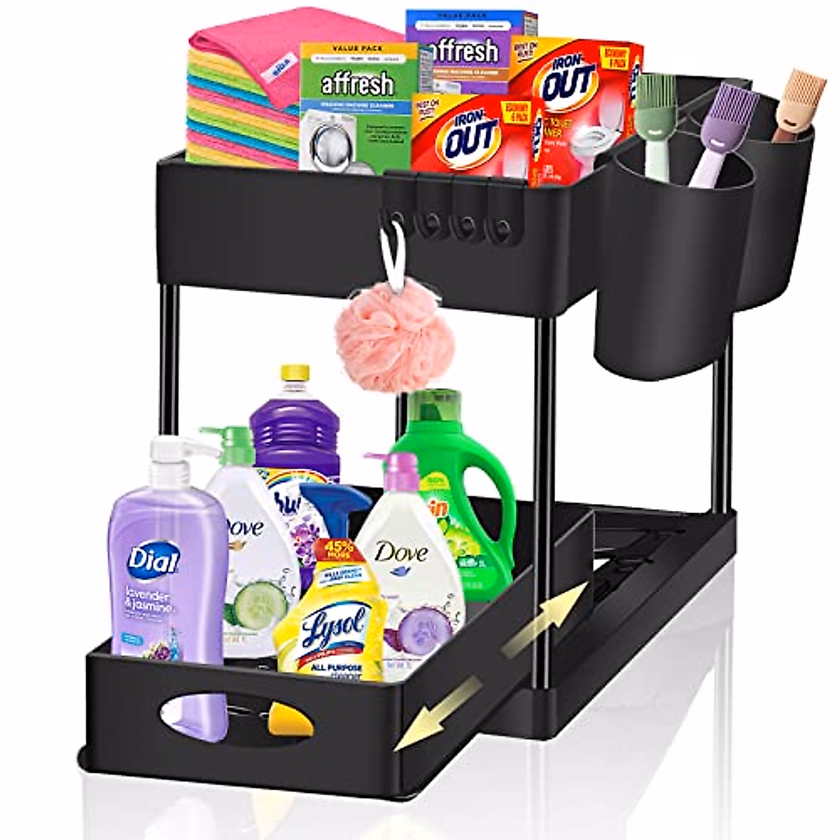 WAYCOM Under Sink Organizer with Sliding Storage Drawer, 2-Tier Sliding Cabinet Basket Organizer Shelf with 2 Hanging Cups and 4 Hooks Organizer Shelf Storage Baskets Under Sink Racks for Bathroom