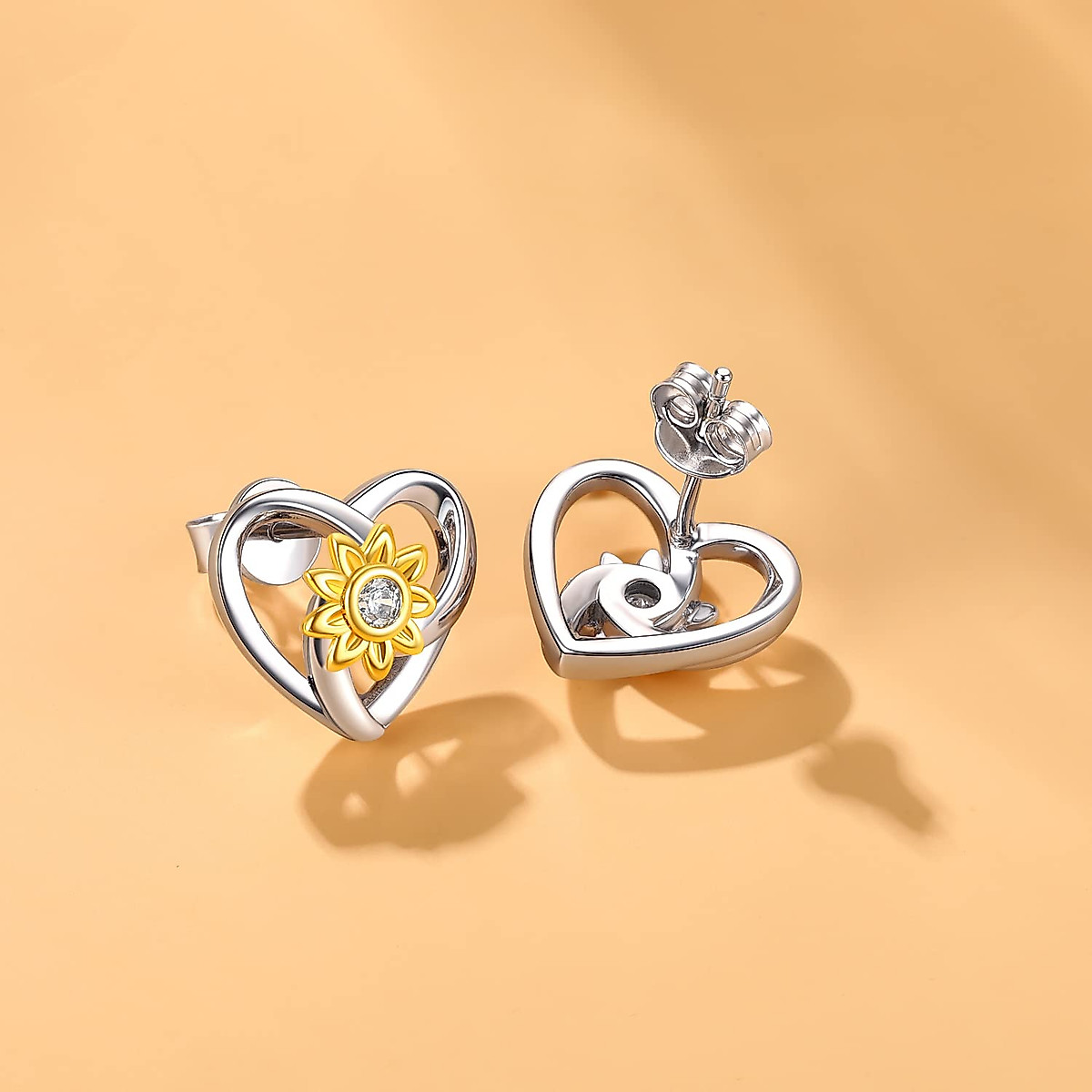 SNZM Stud Earrings for Women, S925 Sterling Silver Sunflower Earrings for Women, Dainty Heart Stud Earrings Ear Wrap Jewelry for Valentine's Day/Birthday Gift