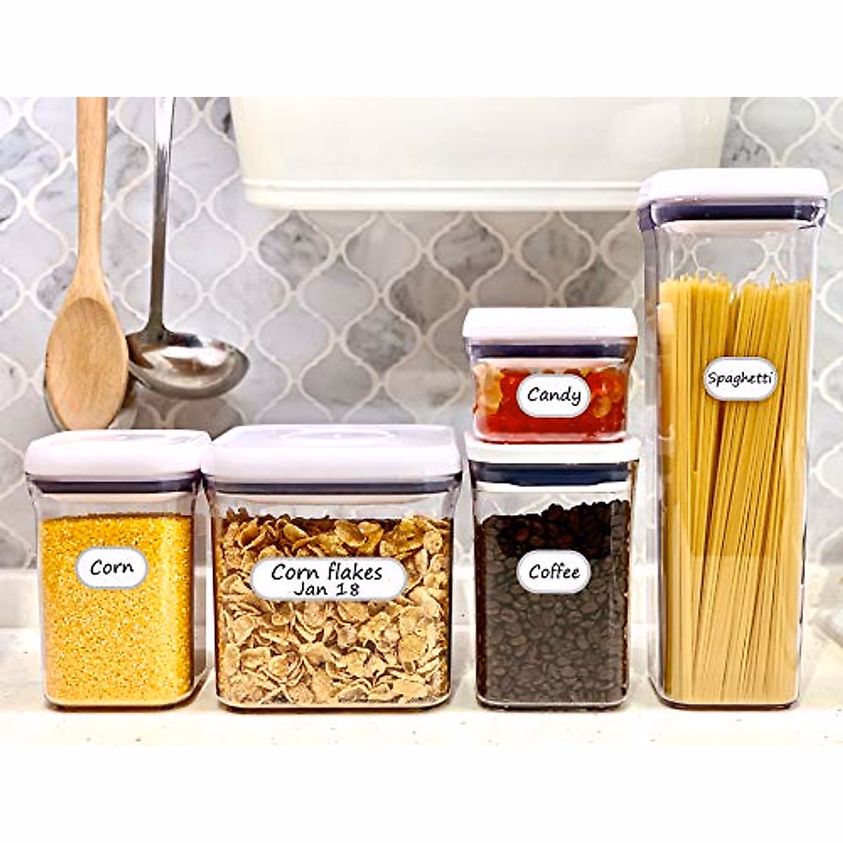 Removable Waterproof Food Labels, Write-on Kitchen Labels for POP Food Storage Containers, Jars and Home Organization, Pantry & Spice Sticker, Pack of 64