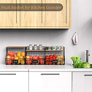 Fruit Basket for Kitchen with Wood Lid - Counter&Wall Mounted Onion and Potato Storage with Nameplate, Stackable Storage Basket, Hanging Metal Wire Baskets Kitchen Countertop Organizer Pantry 3 Pack