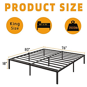 Kilyssa 18 Inch King Bed Frame, Metal Platform Bed Frames Heavy Duty 3500lbs Steel Slats Support Mattress Foundation Noise Free No Box Spring Needed, King Size