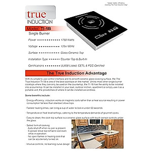 True Induction TI-1B 12-inch Single Element Black Induction Glass-Ceramic Cooktop 1750W 858UL Certified