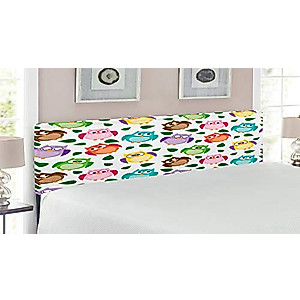 Lunarable Owls Headboard, Owl Pattern with Leaves Sleepy Confused Closed Crossed Eyes Funny Humor Comic, Upholstered Decorative Metal Bed Headboard with Memory Foam, King Size, Multicolor